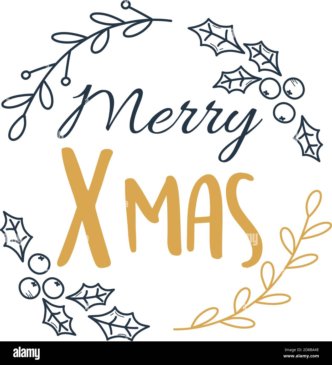 merry xmas handwritten lettering holly berry leaf decoration vector ...