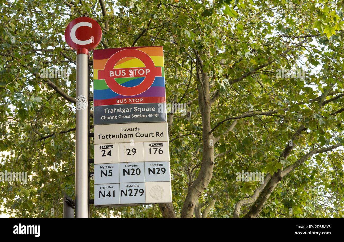 LGBT themed bus stop in Trafalgar Square. London Stock Photo - Alamy