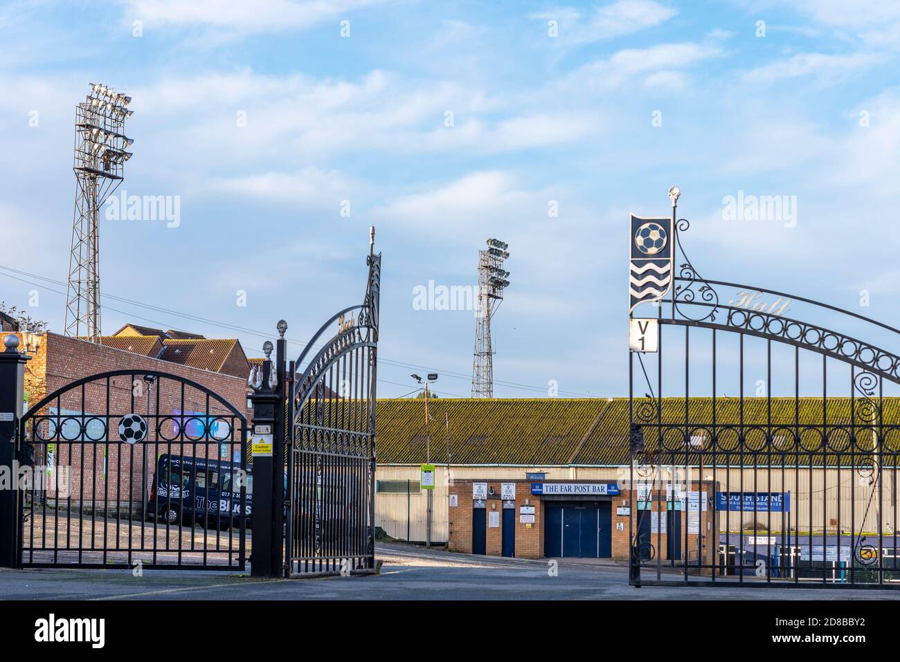 Main entrance gates to Roots Hall football ground of Southend United ...