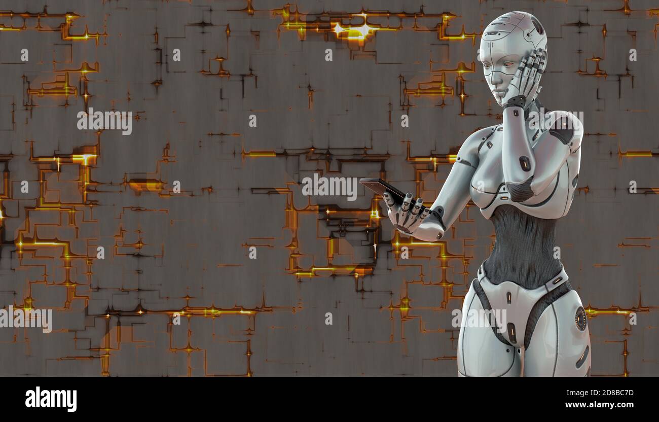 Cyborg girl with smartphone concept on techno background 3d ...