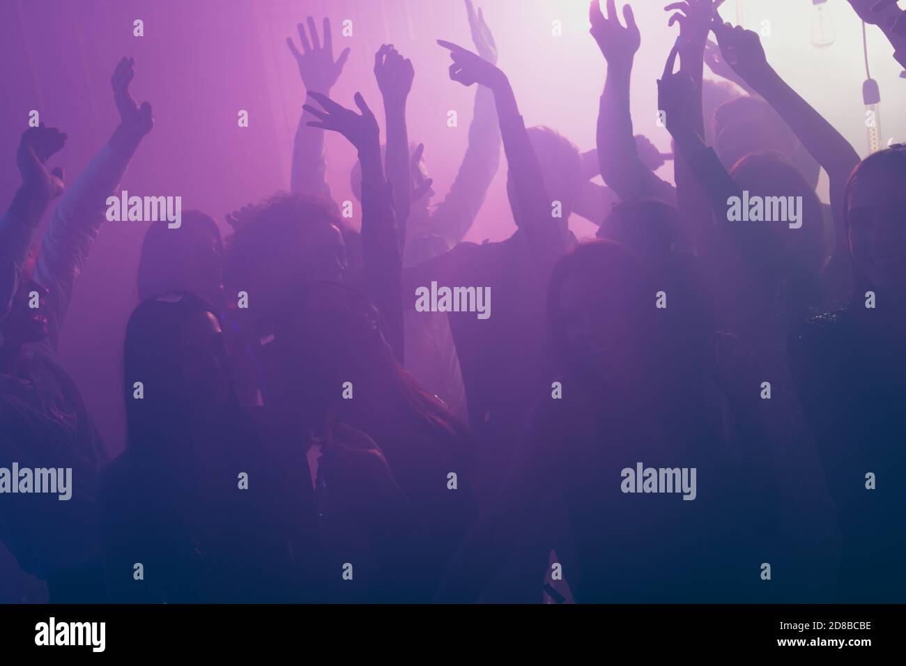 Photo of big loud group people rise hands enjoy event wear stylish ...