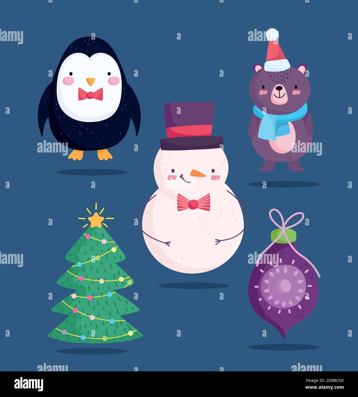 merry christmas, cute snowman bear penguin ball and tree cartoon icons ...