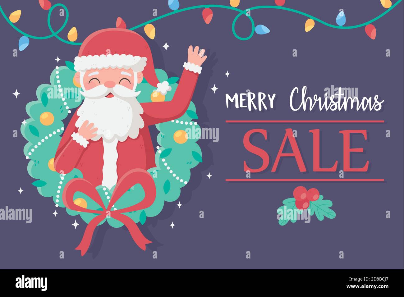 merry christmas santa claus in wreath lights decoration card vector ...