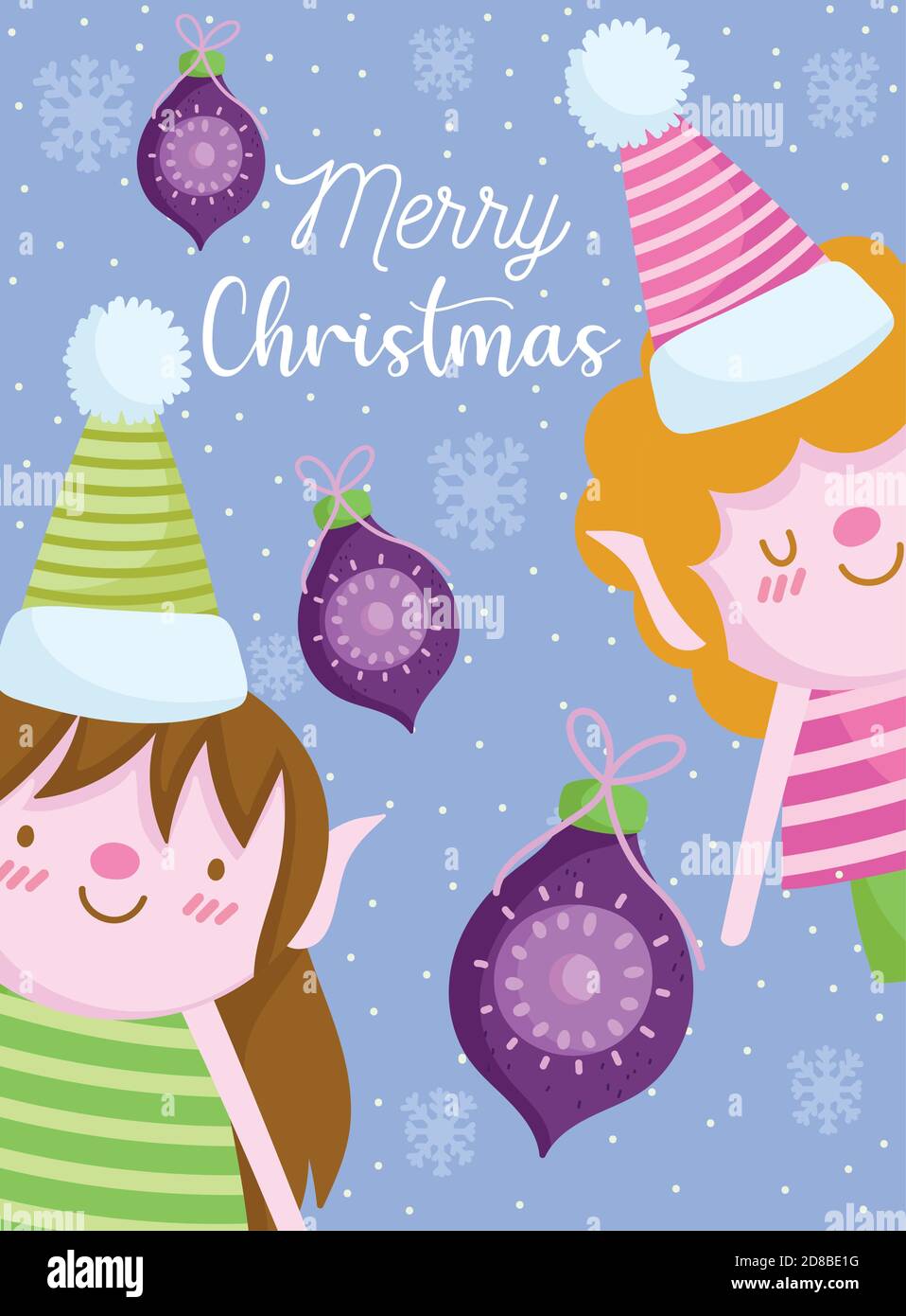 merry christmas, cute helpers with balls greeting card cartoon vector ...