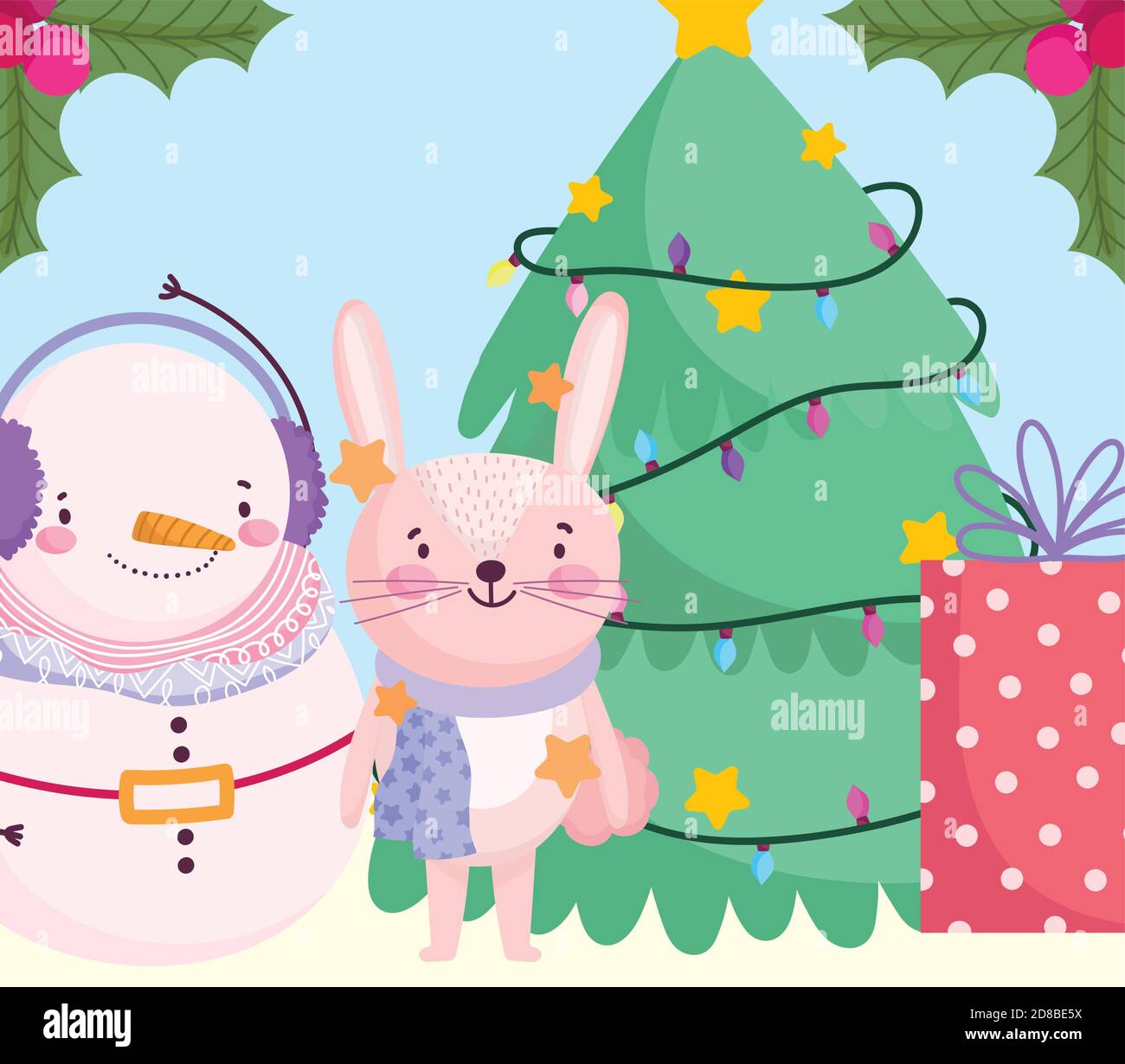 merry christmas, cute snowman bunny with tree gift and lights cartoon ...