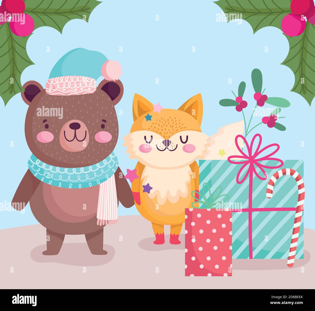 merry christmas, cute bear and fox with gifts and candy cane cartoon ...