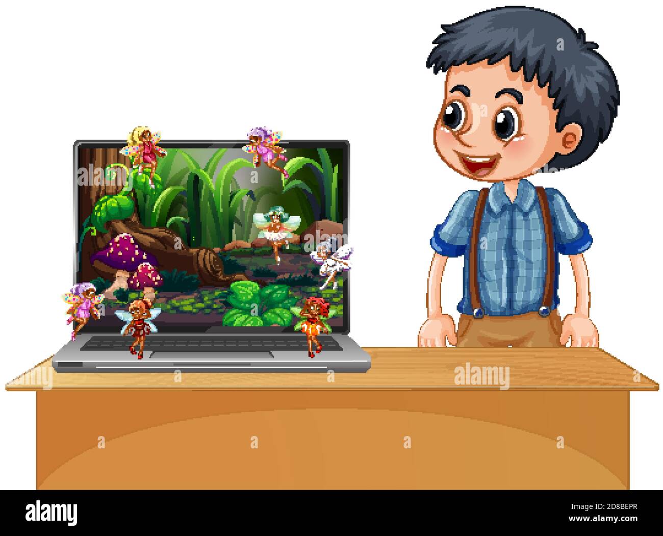 Happy boy next to laptop fairy tale screen background illustration ...