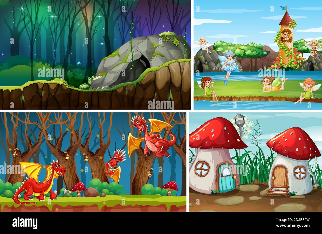 Four different scene of fantasy world with fantasy places and fantasy ...