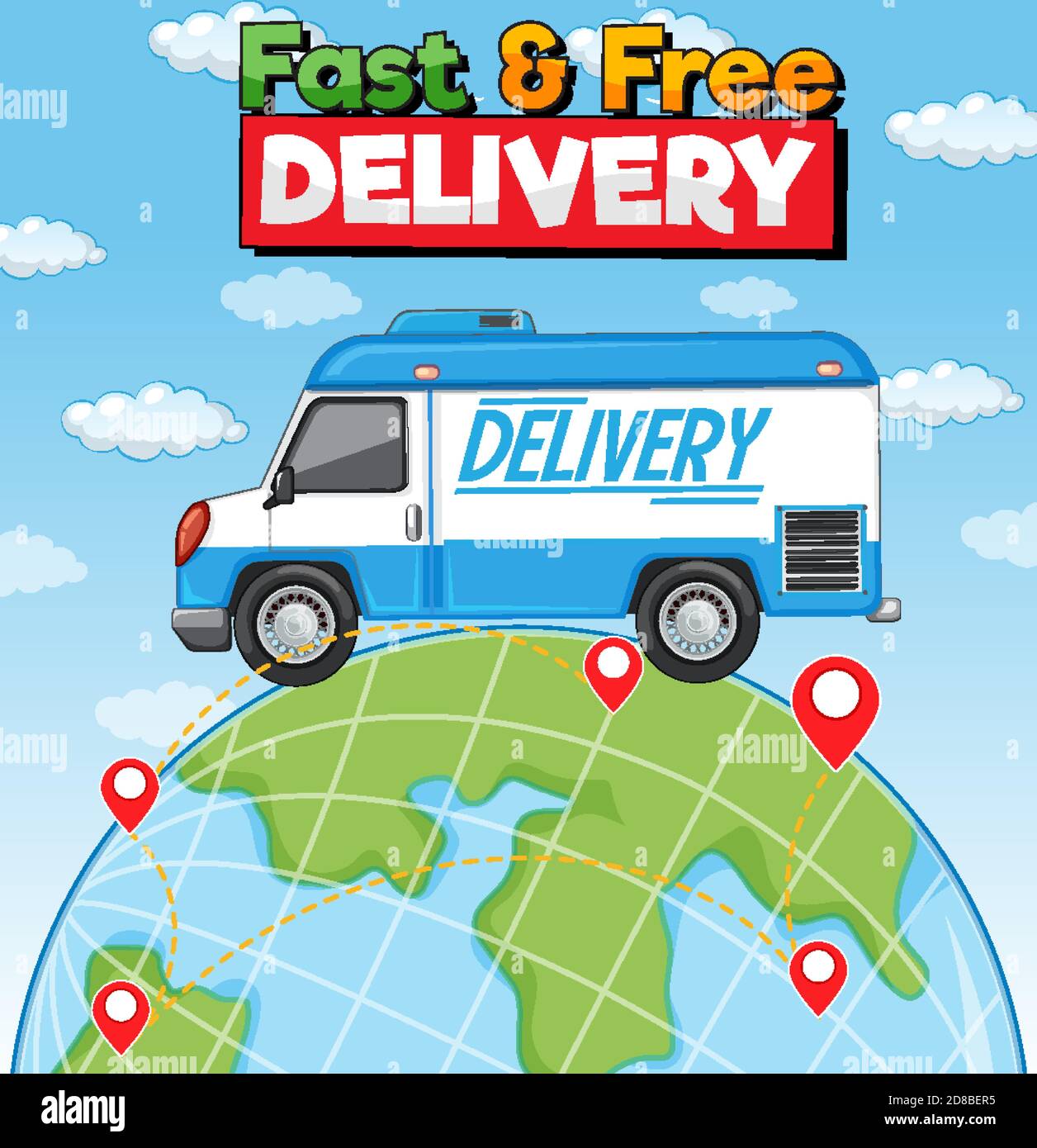 Fast and free delivery logo with delivery truck on the earth ...