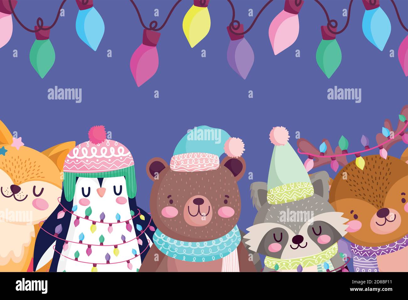 merry christmas, cute bear penguin fox deer and raccoon portrait lights ...