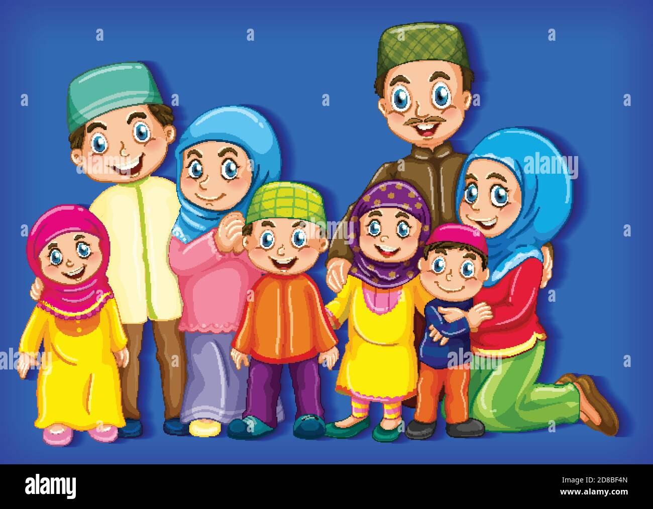 Muslim family member on cartoon character colour gradient background ...