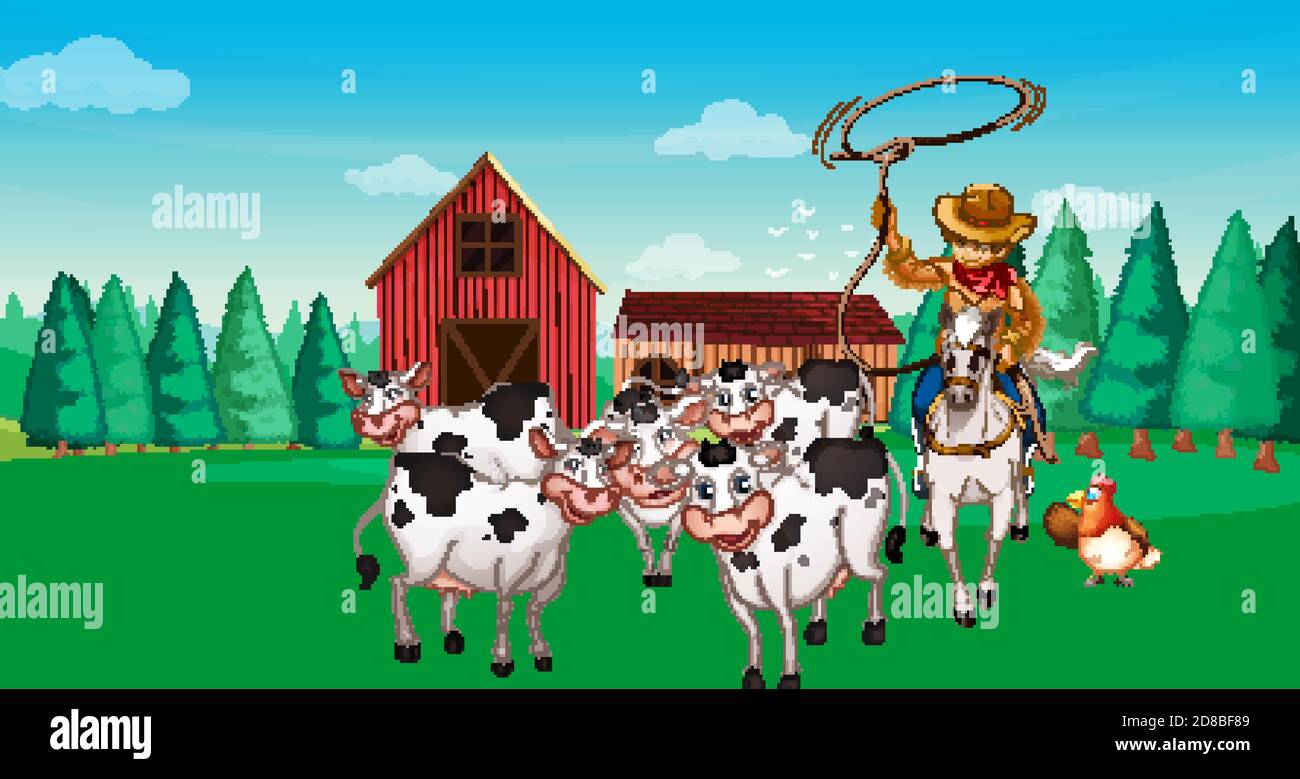 Farm scene with animal farm cartoon style illustration Stock Vector ...