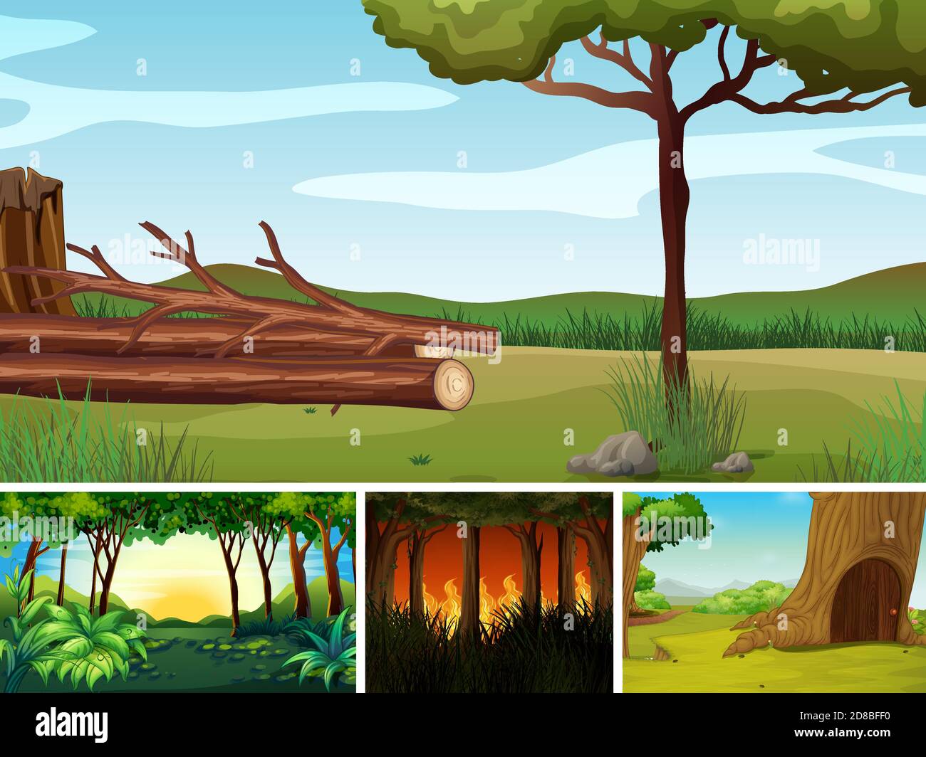 Four different natural disasters scenes of forest cartoon style ...