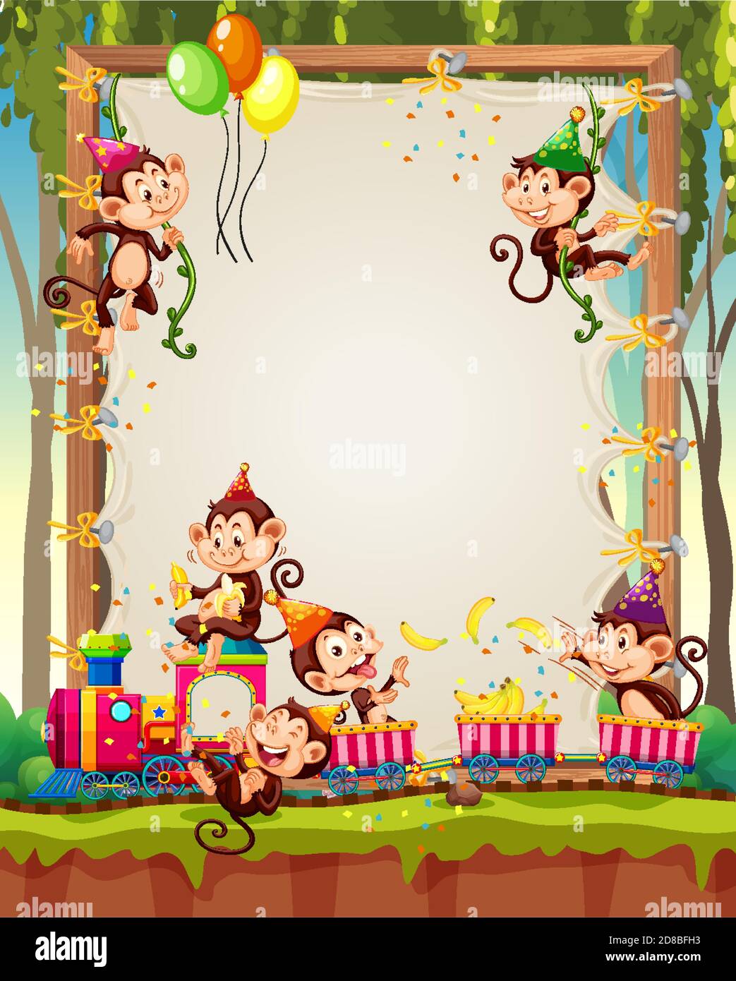 Canvas wooden frame template with monkeys in party theme on forest ...