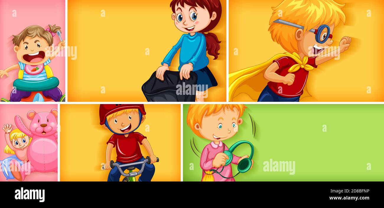 Set of different kid characters on different color background ...