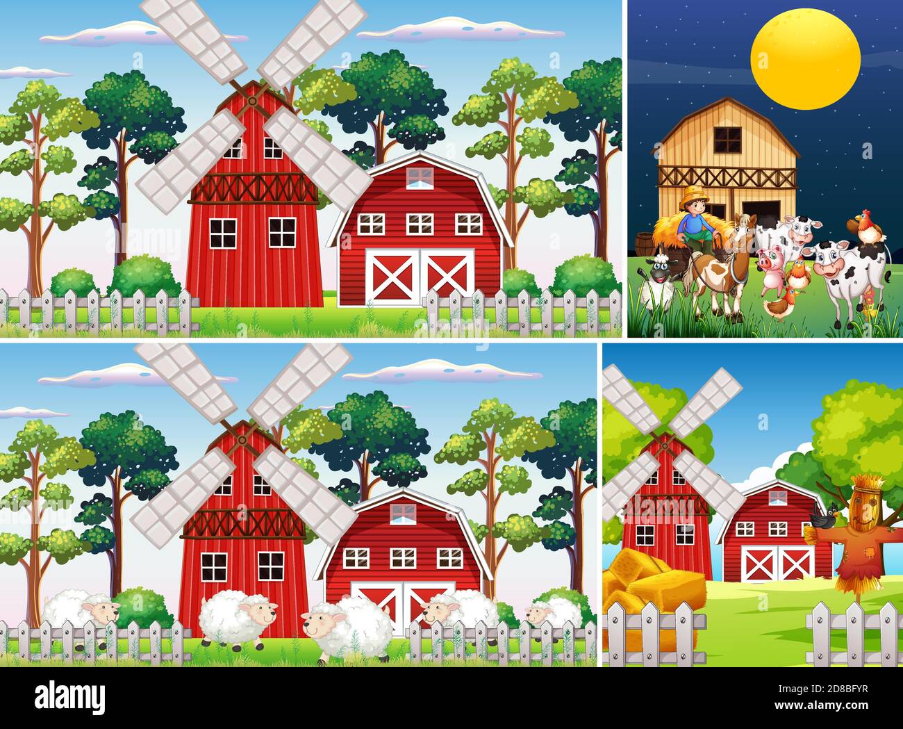 Set of different farm scenes with animal farm cartoon style ...