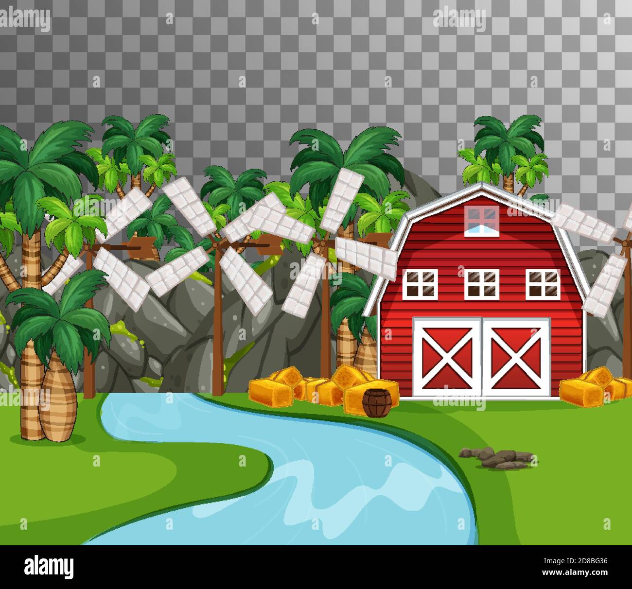 Farm with red barn and river side on transparent background ...