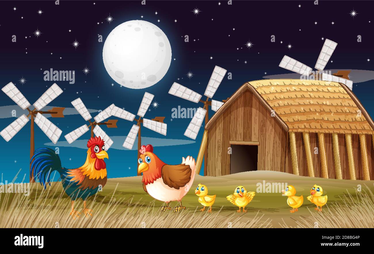 Farm scene with barn and windmill and chicken at night illustration ...