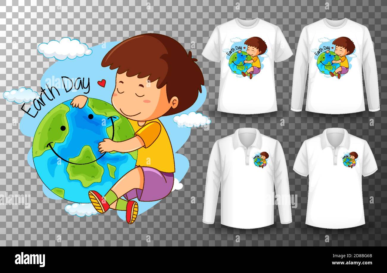 Earth Day with cute boy hug the earth logo with Set of different shirts ...