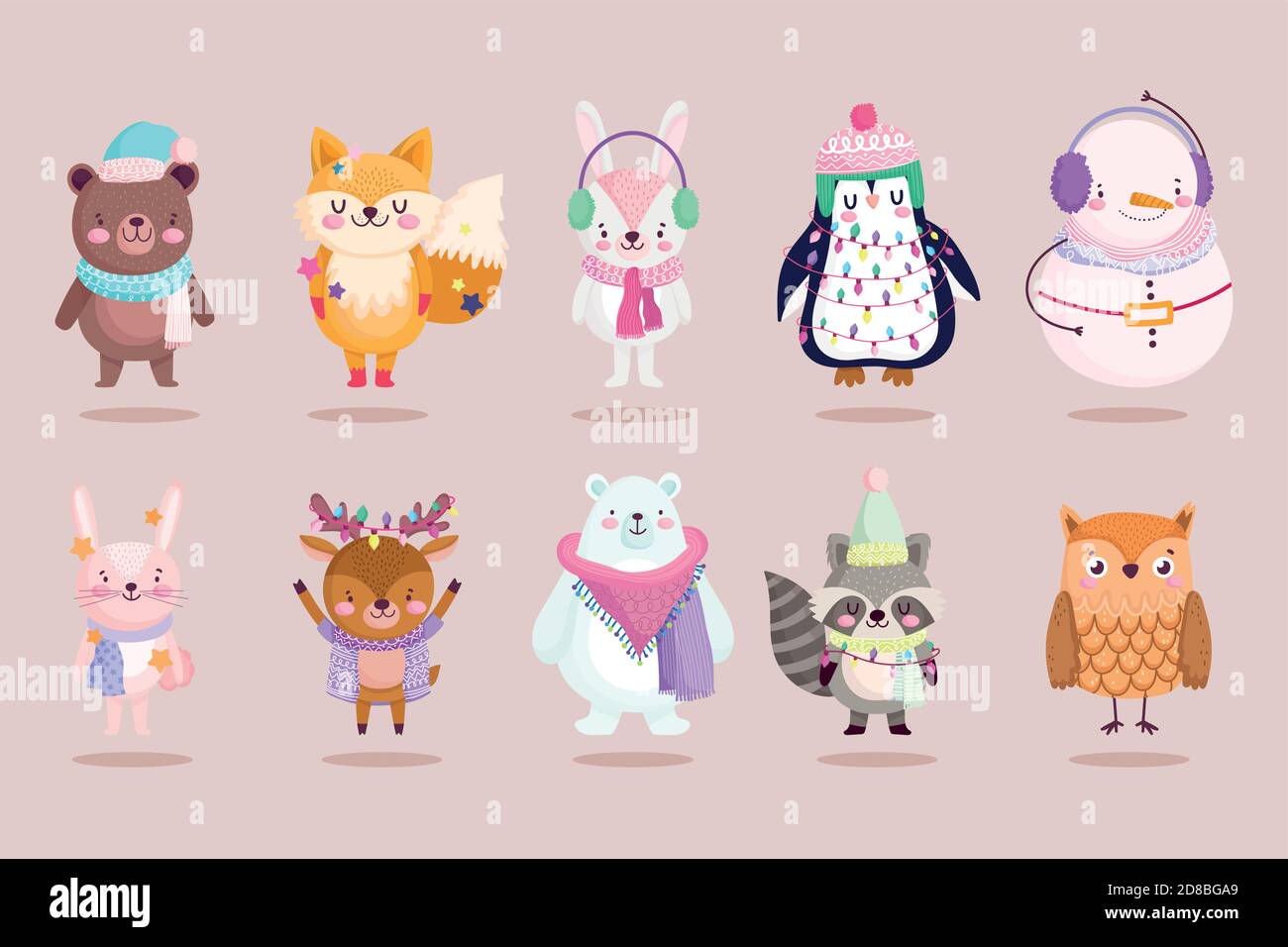 christmas cute snowman rabbit penguin fox bear and owl animals cartoon ...