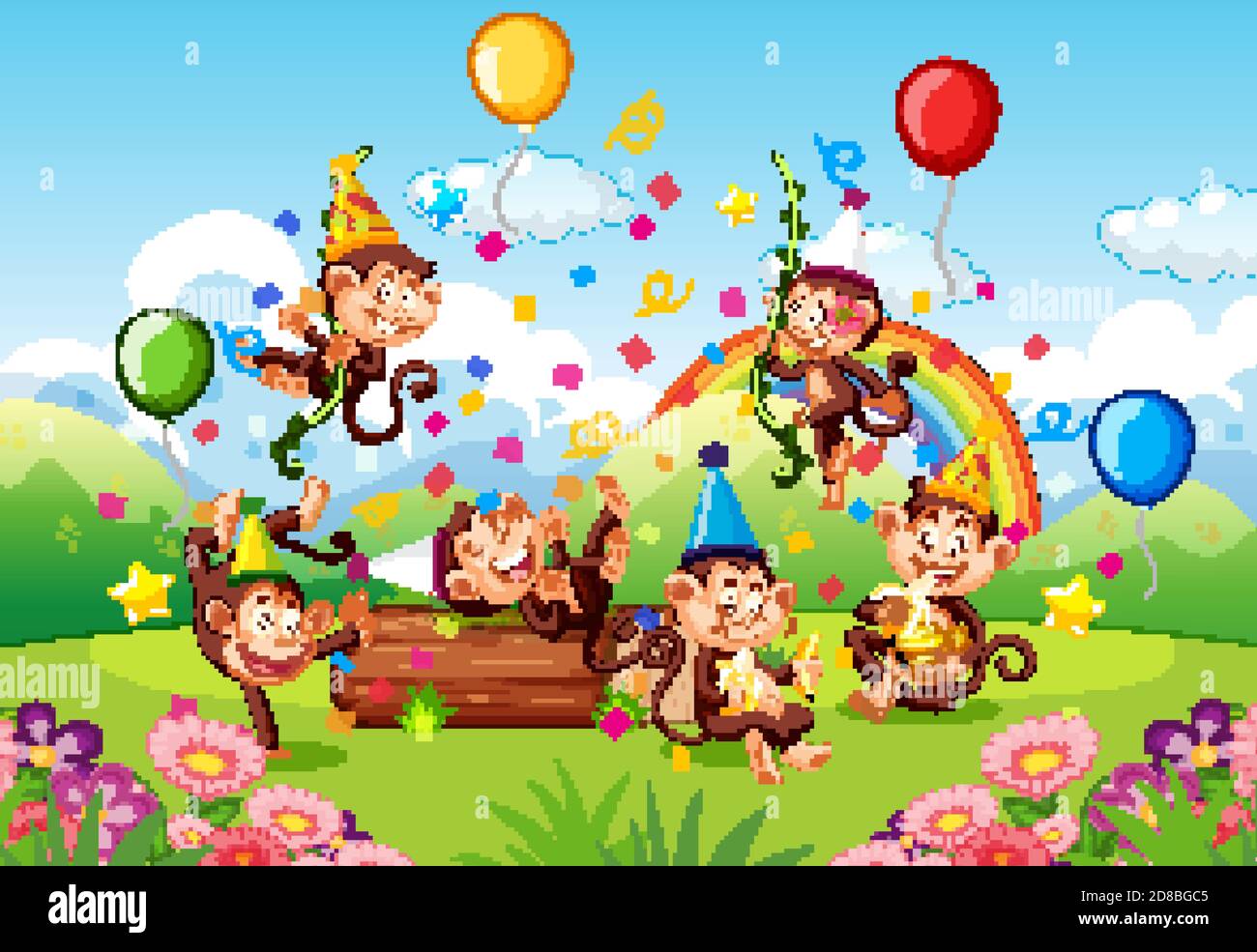 Many monkeys in party theme in nature forest background illustration ...
