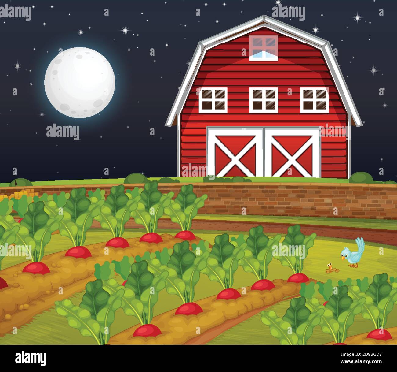 Farm scene with barn and carrot farm at night illustration Stock Vector ...