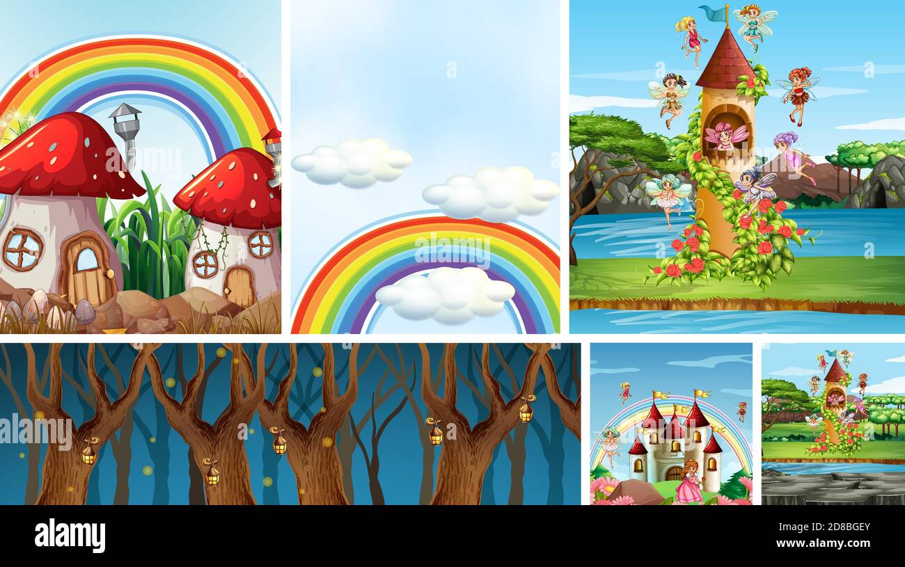 Four different scene of fantasy world with beautiful fairies in the ...