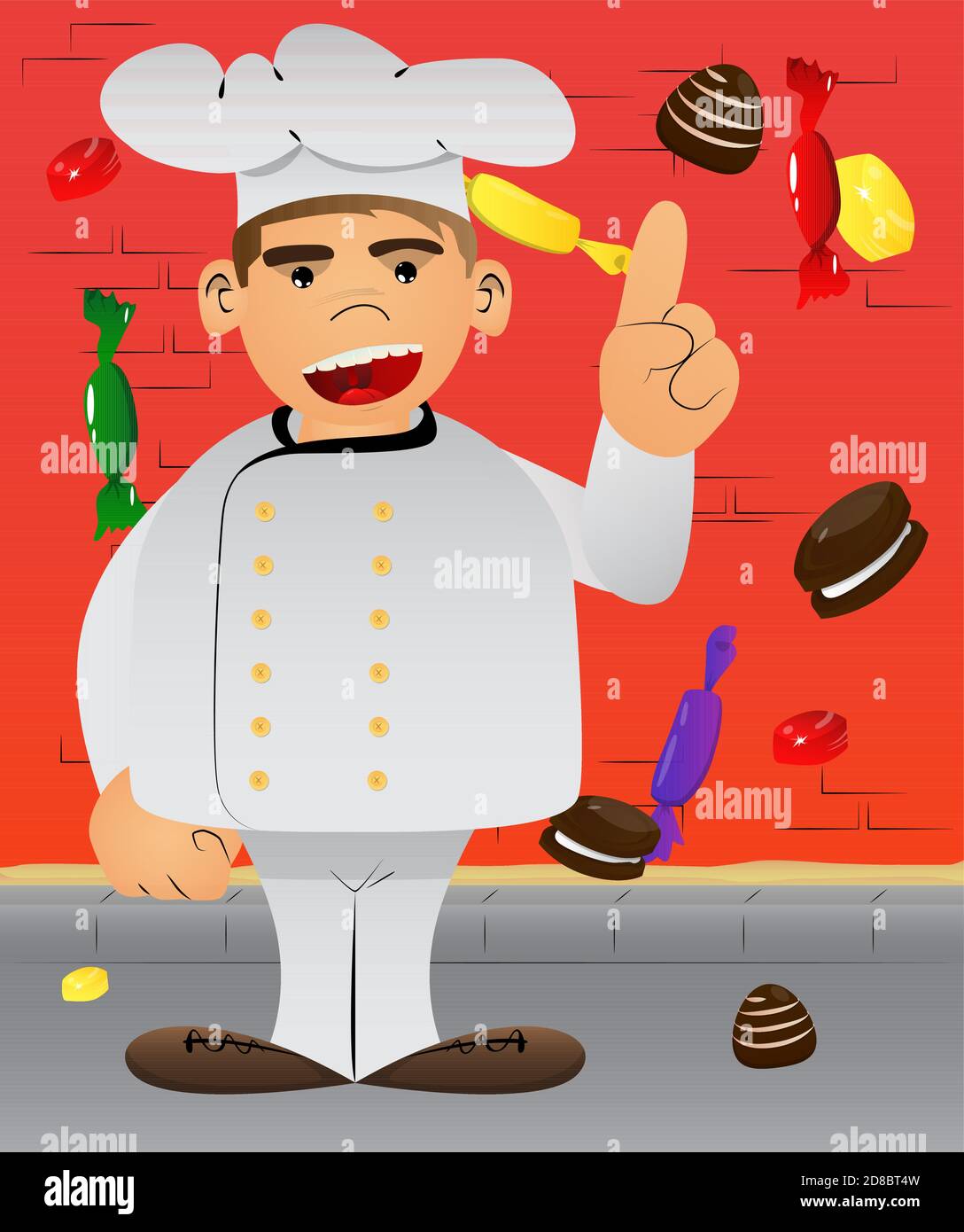 Fat male cartoon chef in uniform making a point. Vector illustration ...