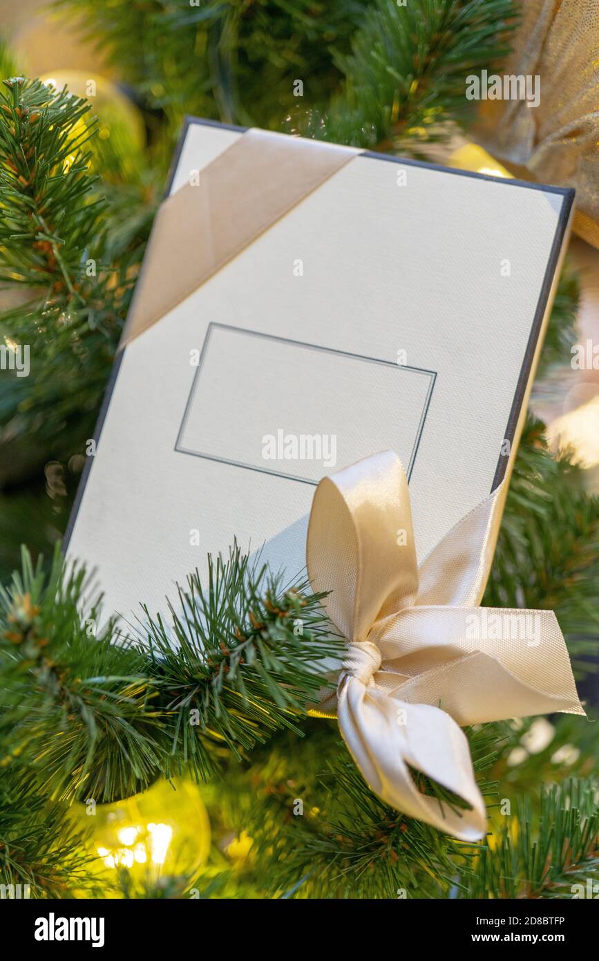 White gift box with space for an inscription, Christmas tree decoration ...