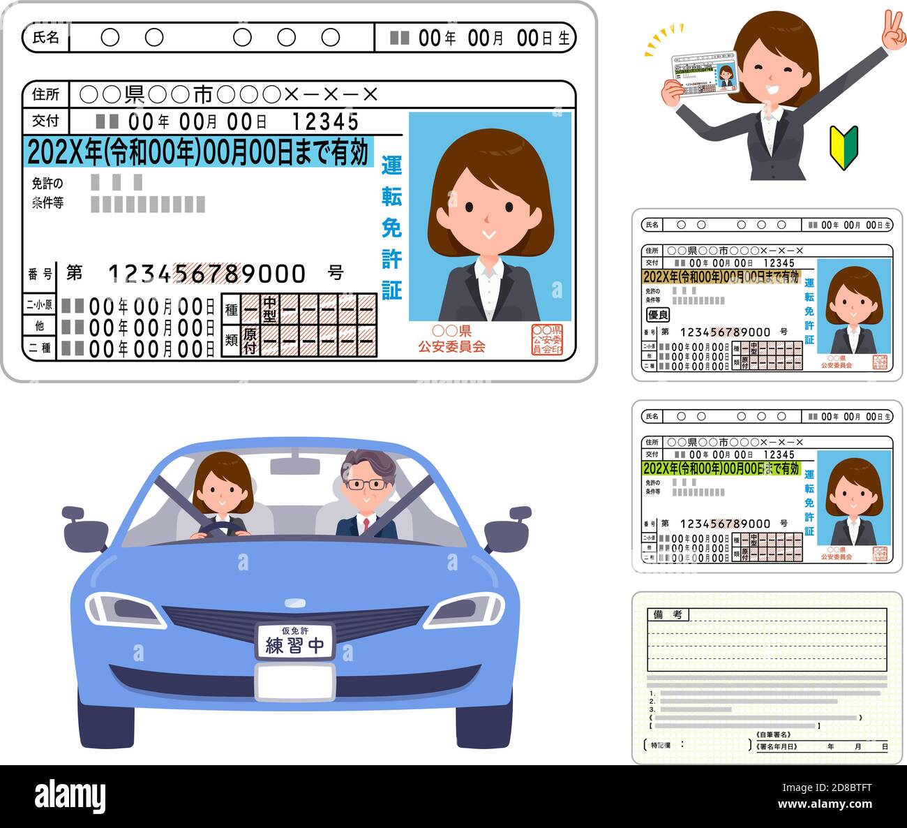 A set of women who get a driver's license.It's vector art so it's easy ...