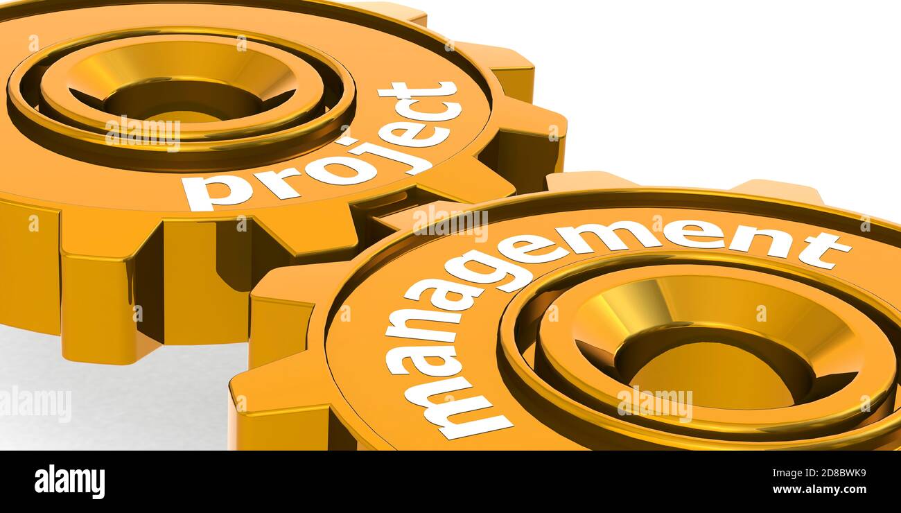 Project management word on golden gears, 3d rendering Stock Photo - Alamy