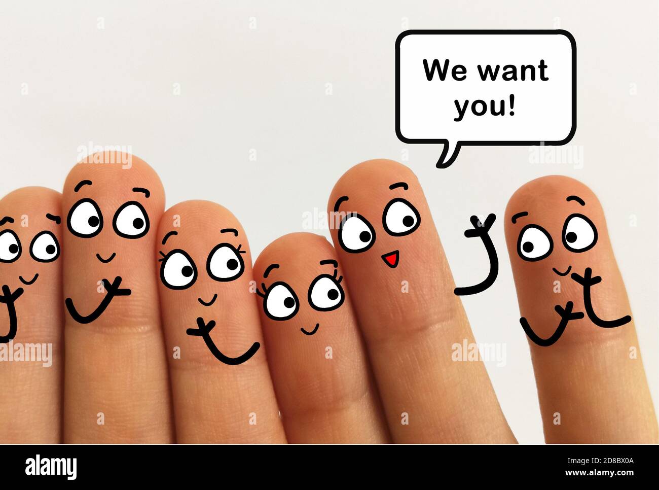 Six fingers are decorated as a group of people. Six fingers are ...
