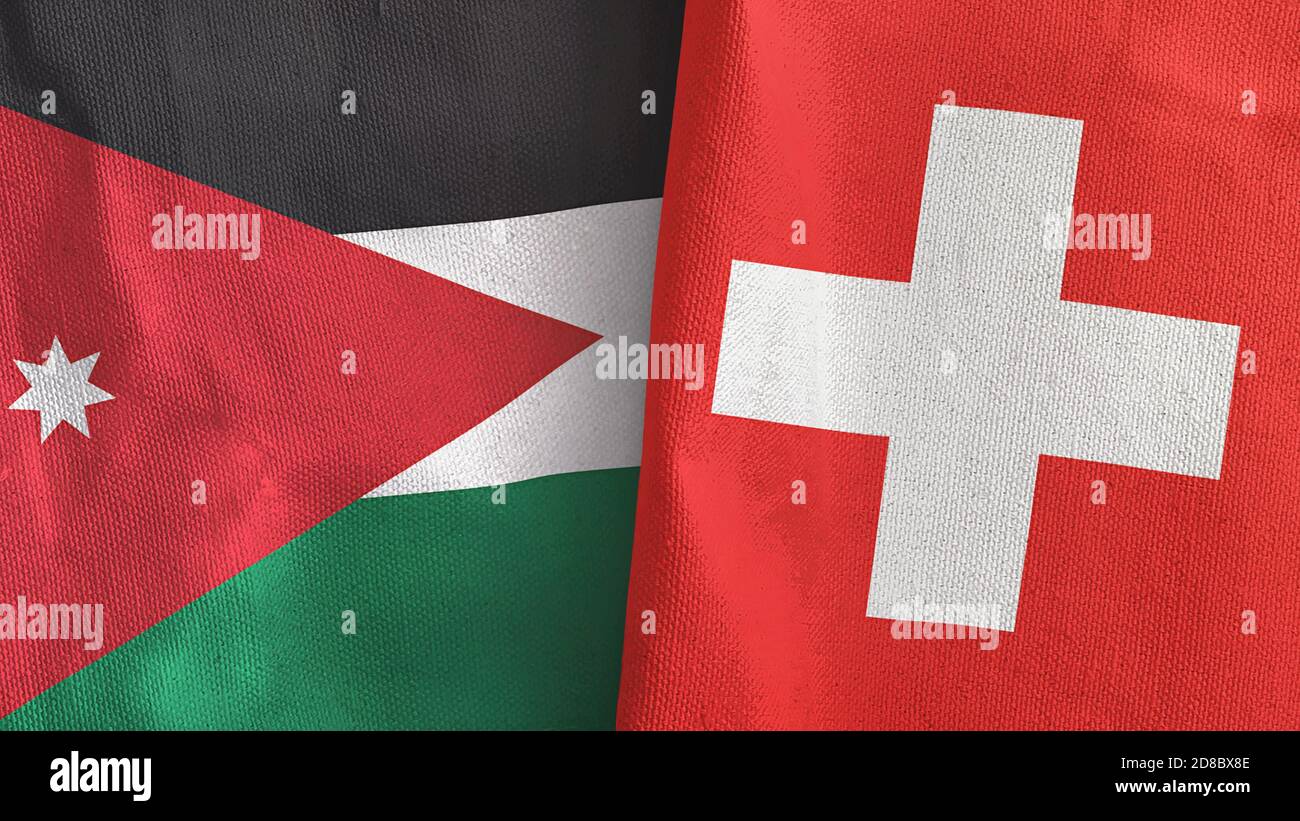 Switzerland and Jordan two flags textile cloth 3D rendering Stock Photo ...