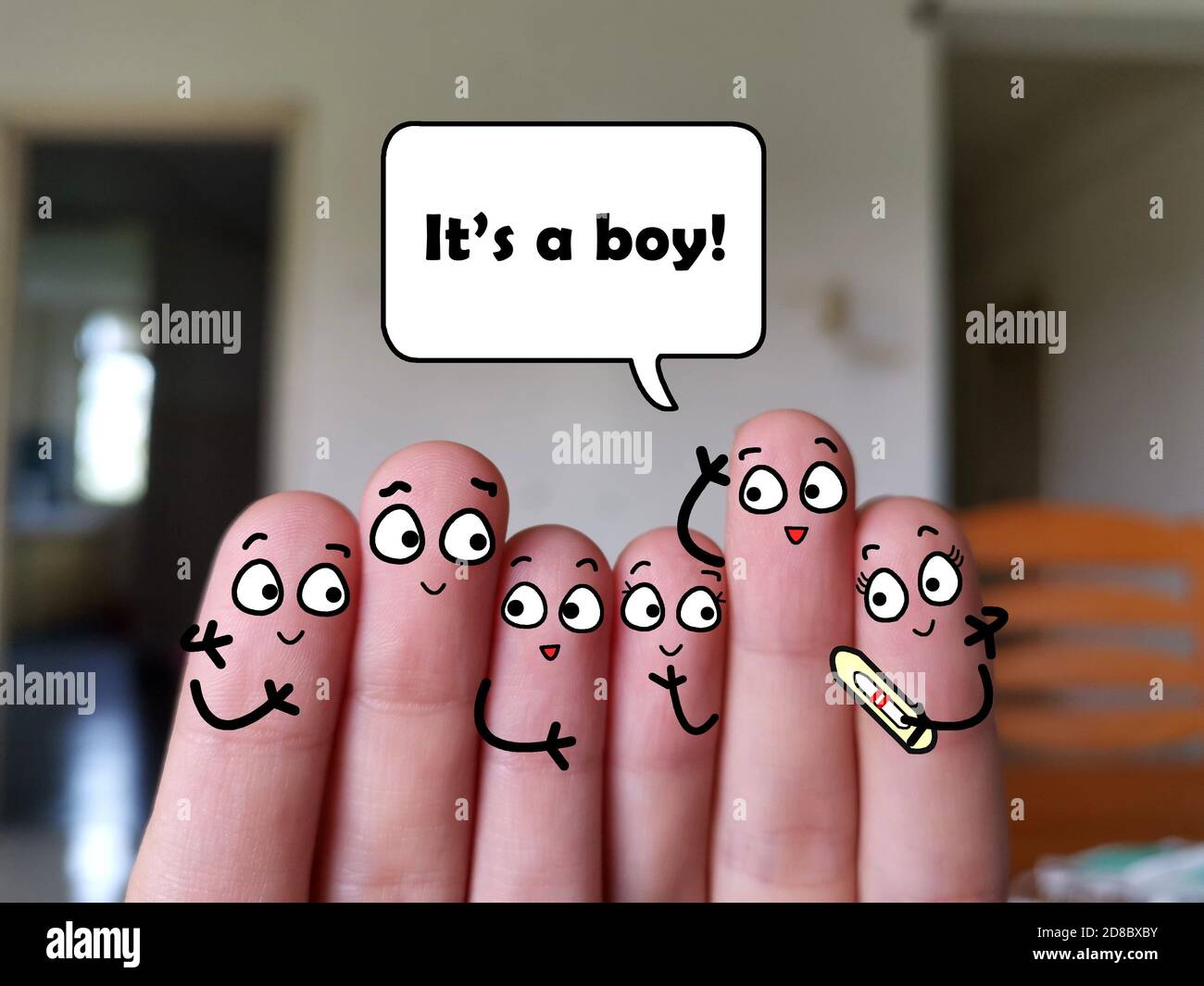 Six fingers are decorated as six person. One of them is pregnant. They ...