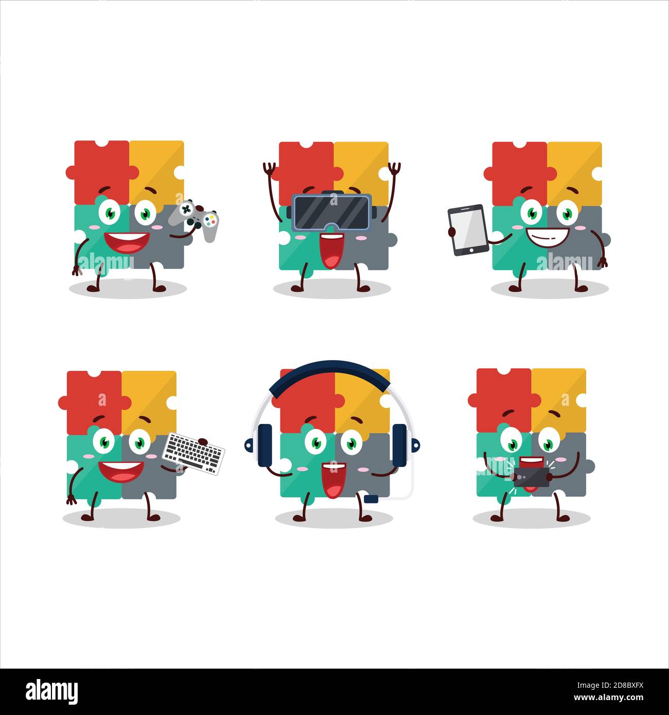 Puzzle cartoon character are playing games with various cute emoticons ...