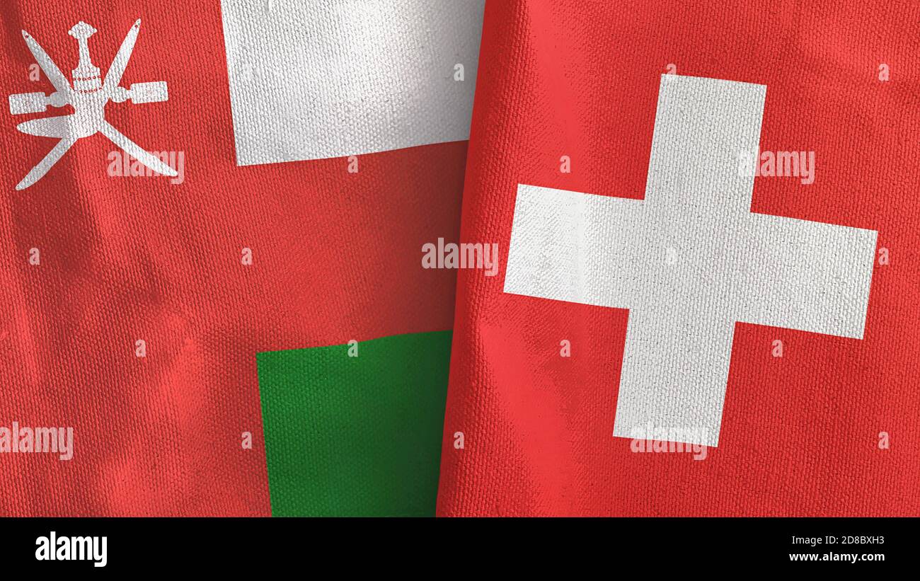 Switzerland and Oman two flags textile cloth 3D rendering Stock Photo ...