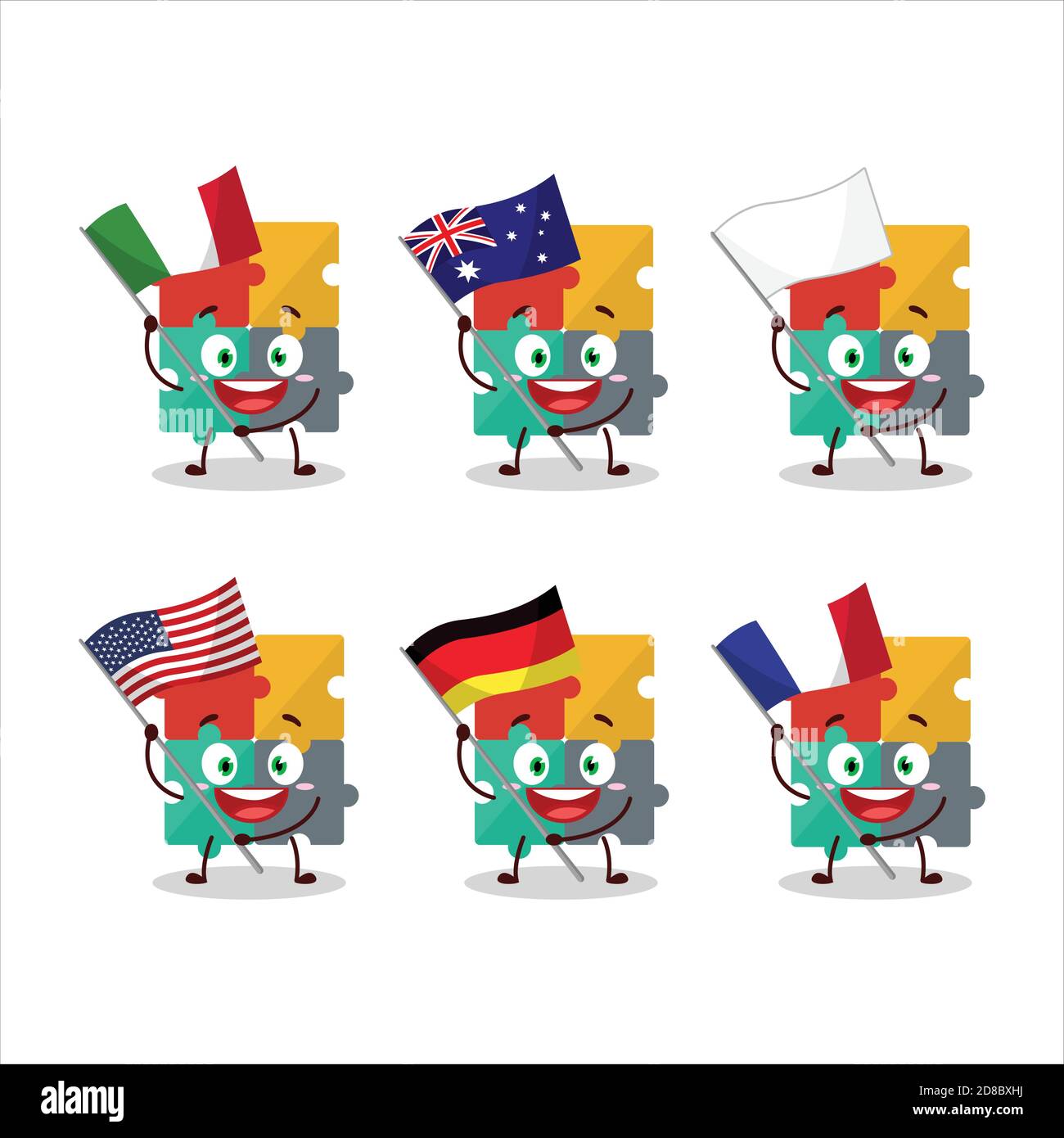 Puzzle cartoon character bring the flags of various countries Stock ...
