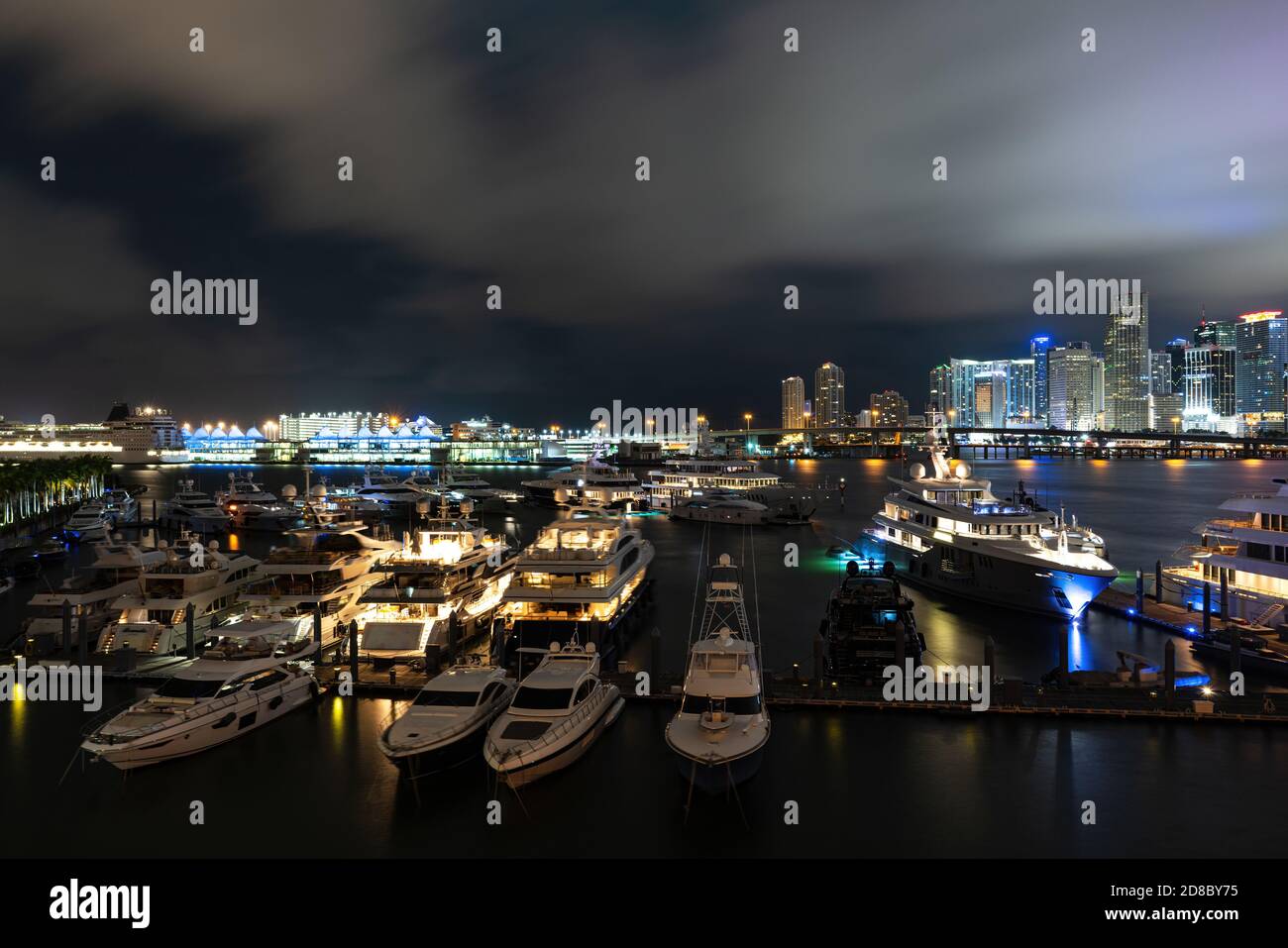 Miami night downtown. Port Miami Florida. Yacht or boat next to Miami ...