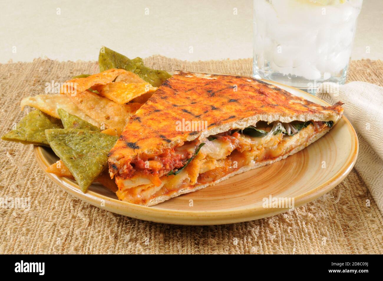 Chipotle chicken panini on flatbread with vegetable tortilla chips ...