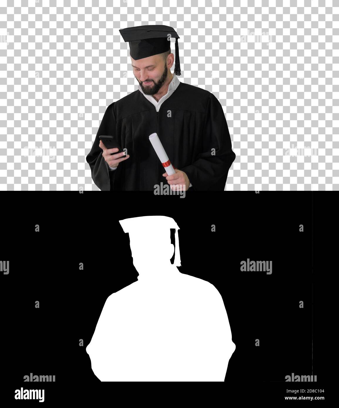 Graduate student texting on the phone, Alpha Channel with Silhou Stock ...