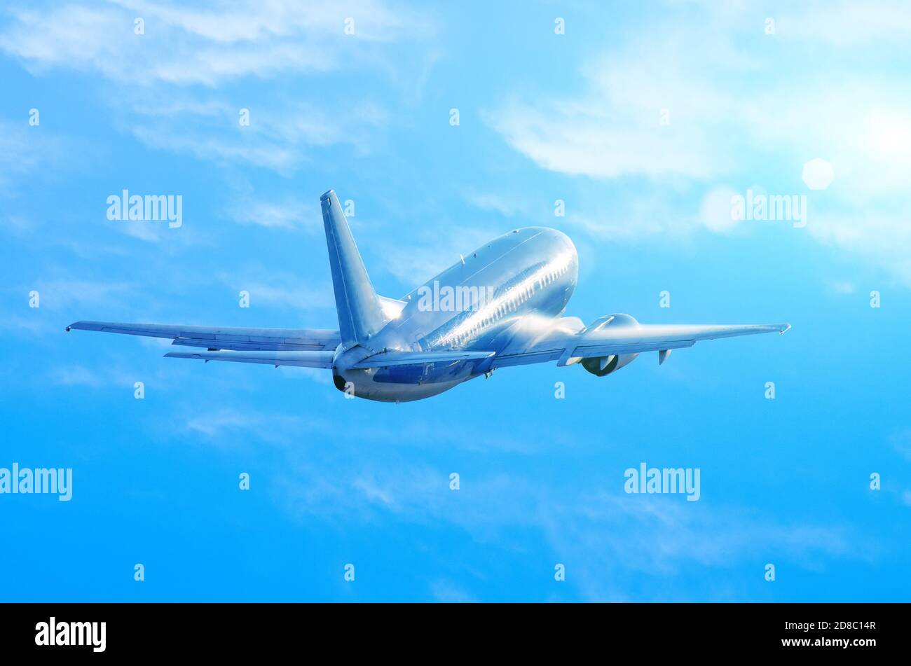 Airplane take off in wet, damp weather, the water flows down the ...