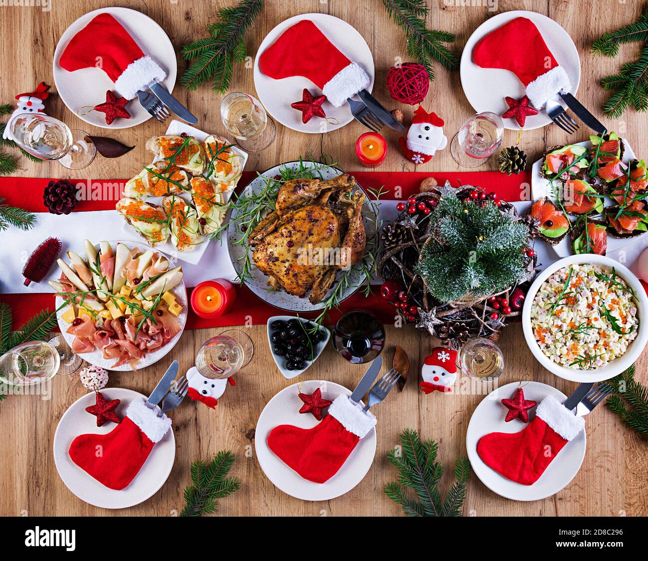 Baked turkey. Christmas dinner. The Christmas table is served with a ...