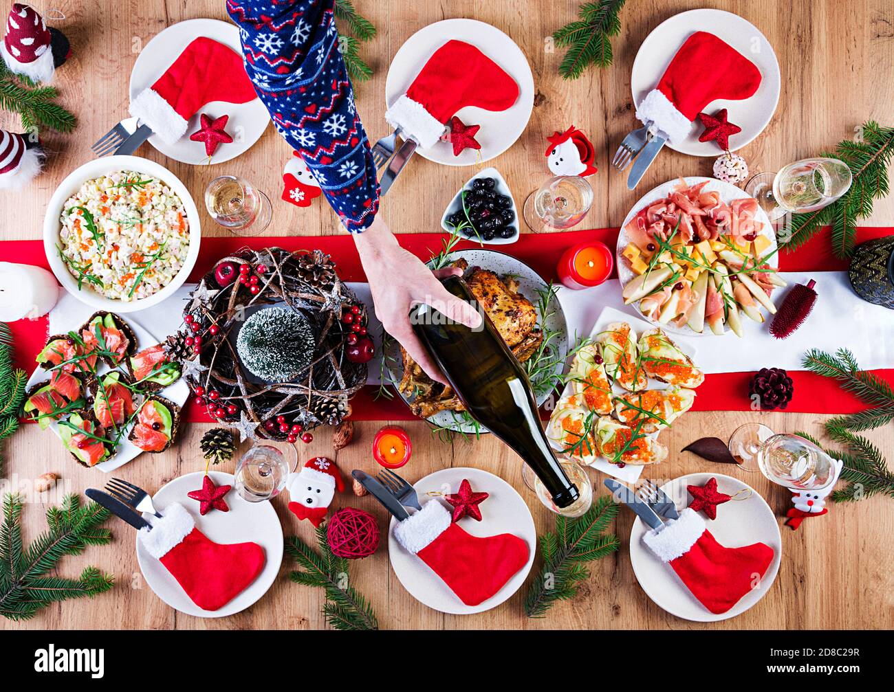 Baked turkey. Christmas dinner. The Christmas table is served with a ...