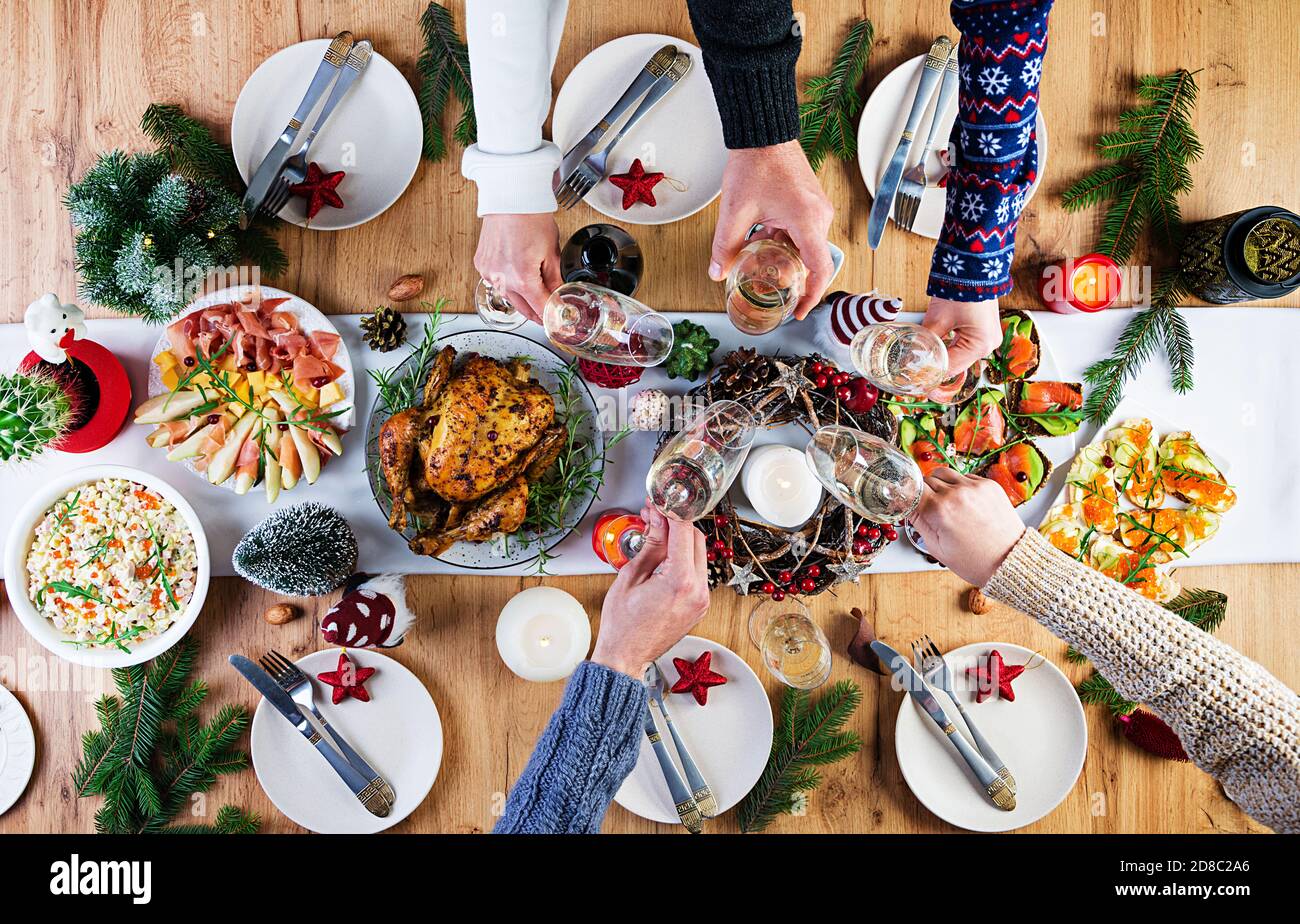 Baked turkey. Christmas dinner. The Christmas table is served with a ...