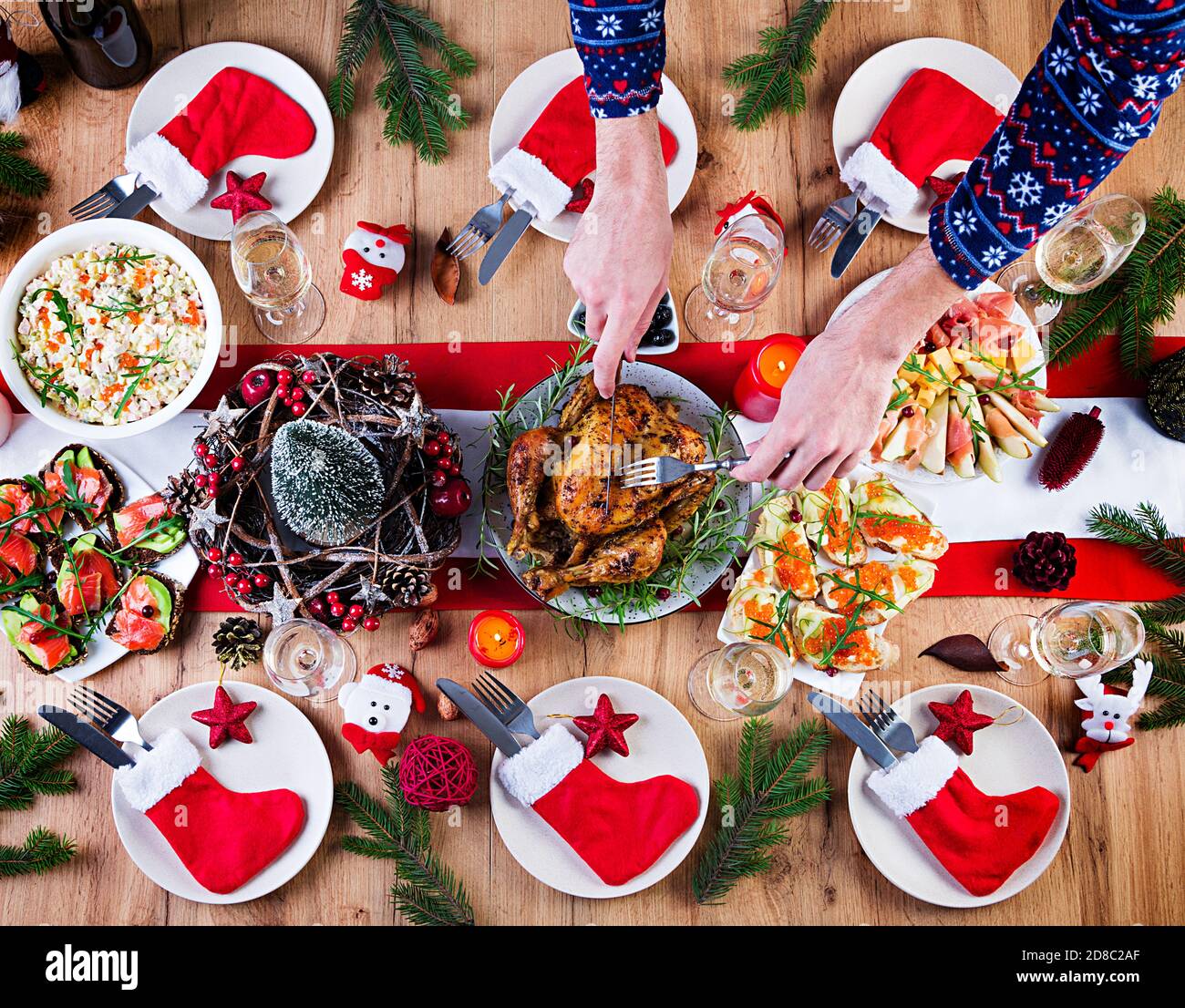 Baked turkey. Christmas dinner. The Christmas table is served with a ...