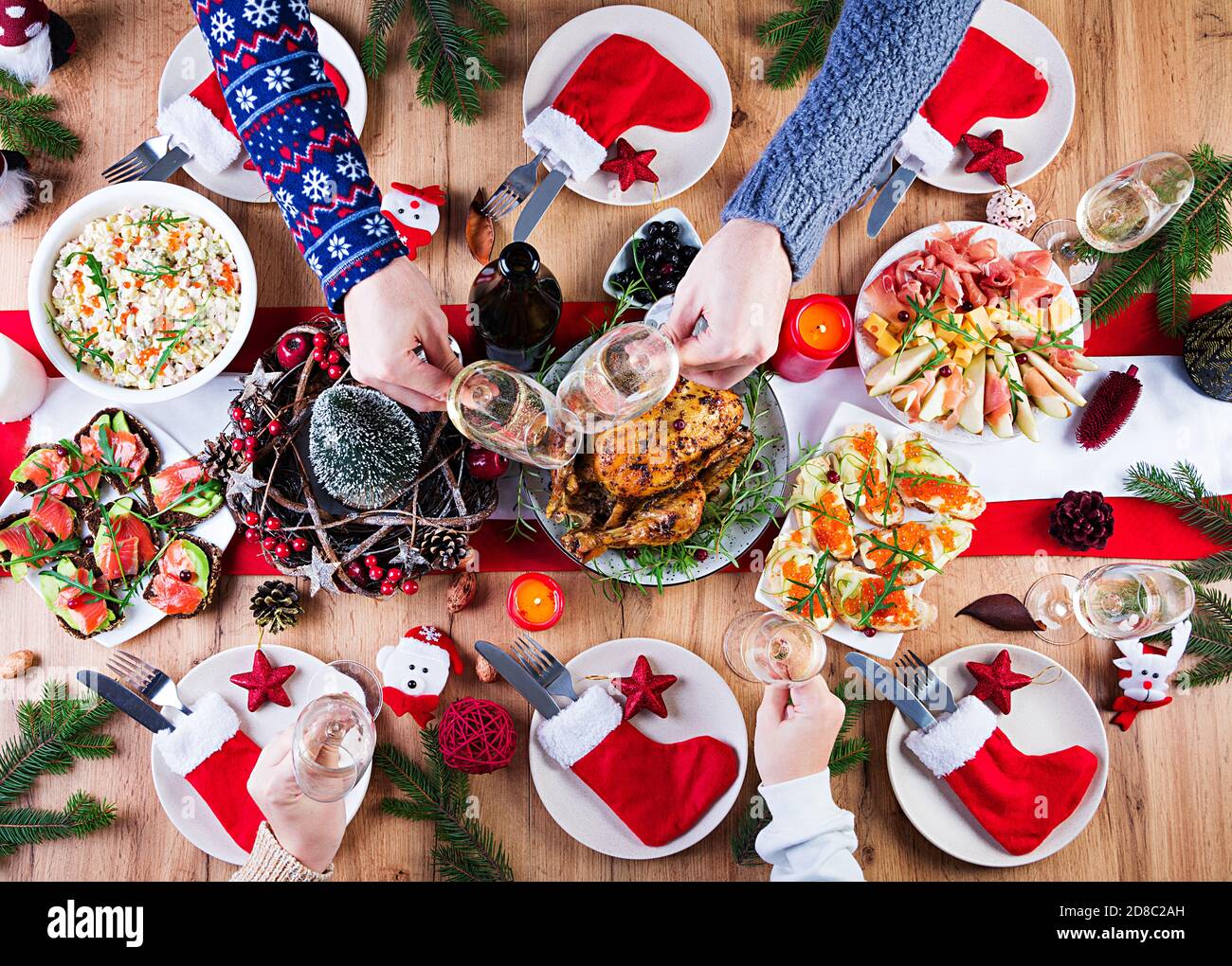 Baked turkey. Christmas dinner. The Christmas table is served with a ...