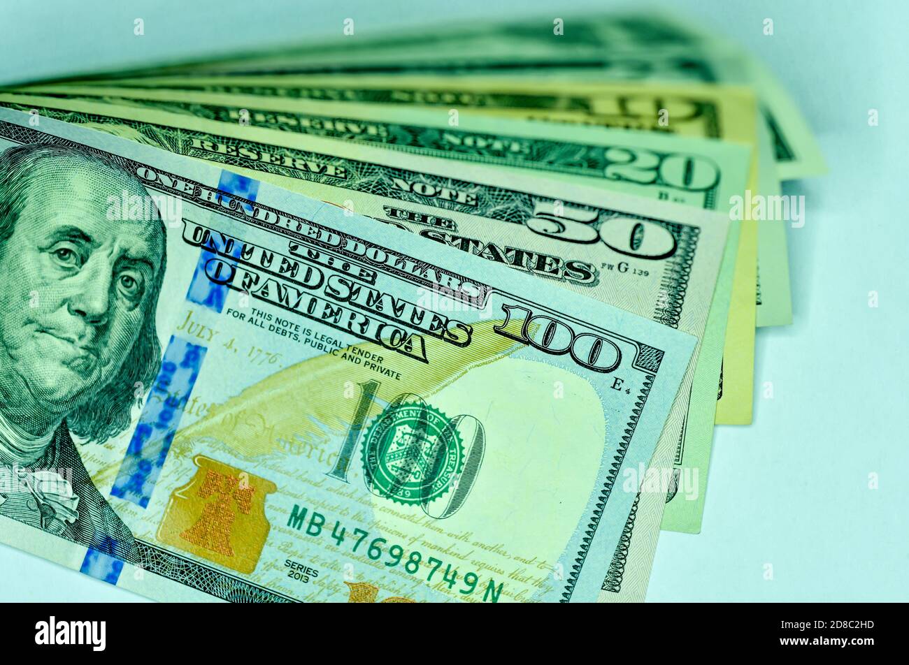 Top view of twenty, ten, fifty and hundred-dollar banknotes isolated on ...