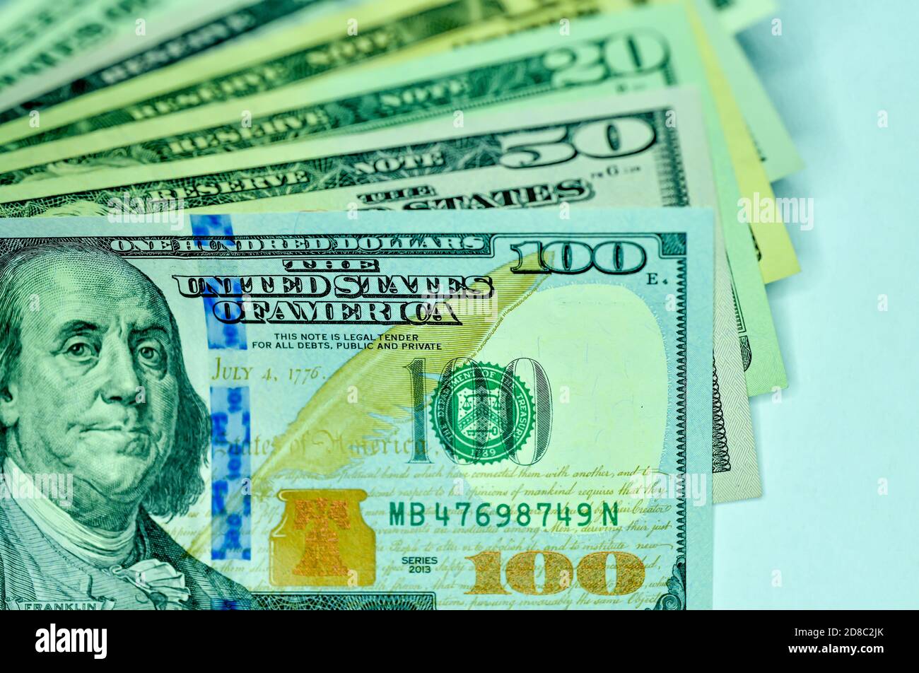 Top view of twenty, ten, fifty and hundred-dollar banknotes isolated on ...