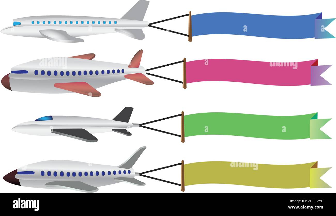 Vector illustration of a four airplanes with colored flying ribbon ...