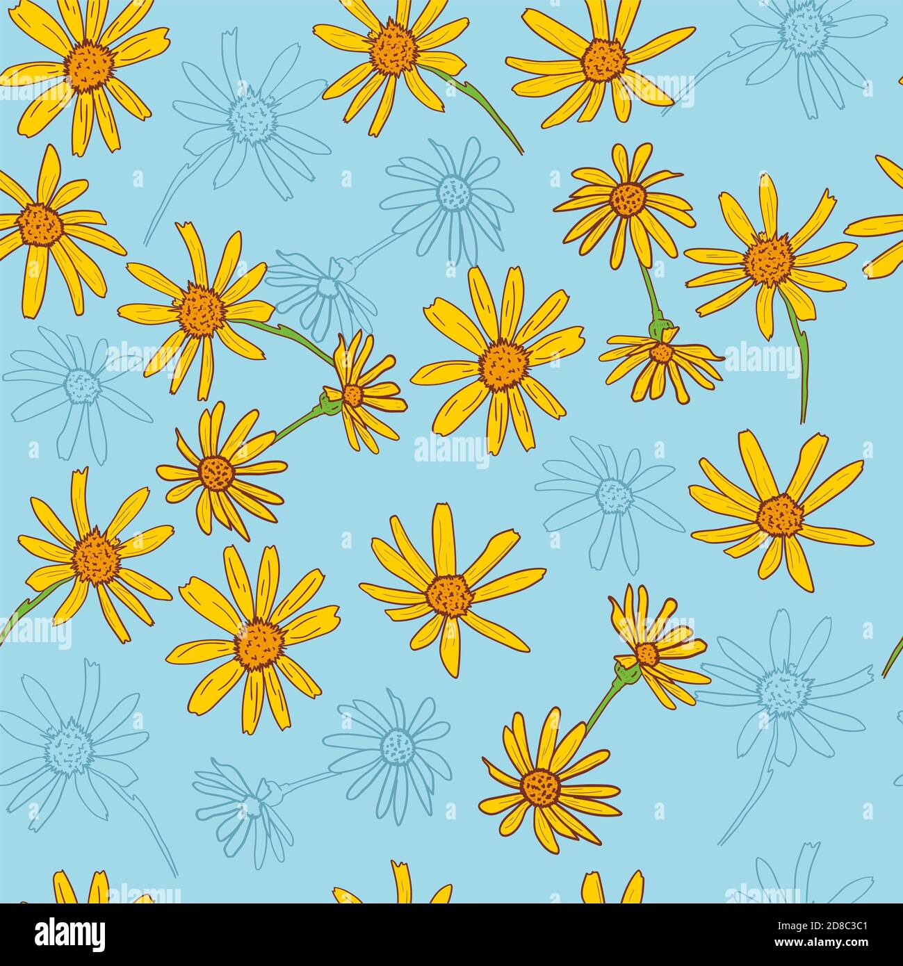 Seamless pattern with yellow chamomile flowers and millet. Rustic ...